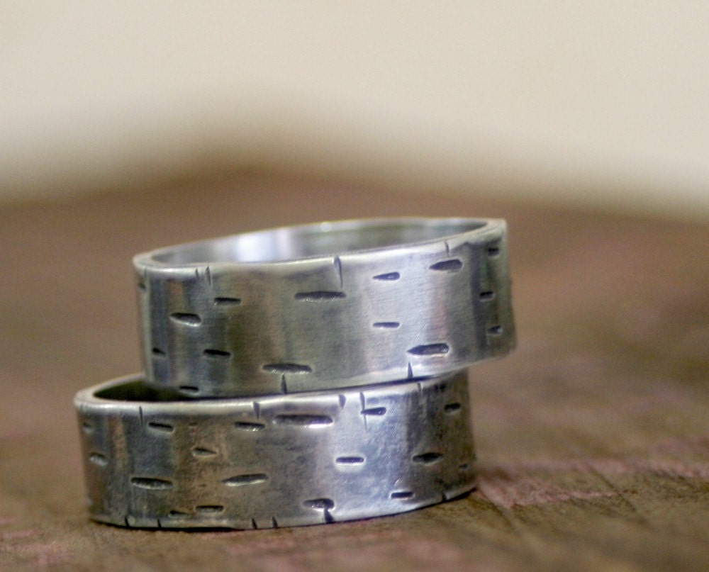 Birch Tree Wedding Ring Sterling Silver Band Set of 2 E0175 | Etsy