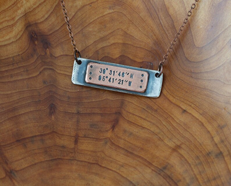 Latitude Longitude Mixed Metal Plate Necklace E0484 | Etsy