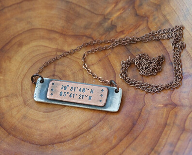 Latitude Longitude Mixed Metal Plate Necklace E0484 | Etsy