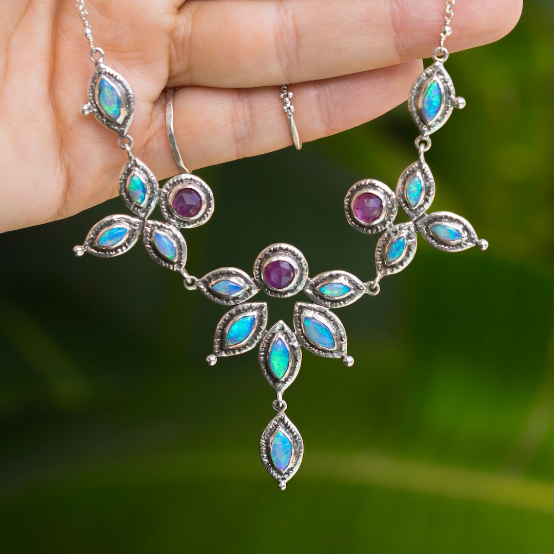 Handmade Opal & Ruby Lotus Necklace: Sterling Silver Floral Collar - Etsy