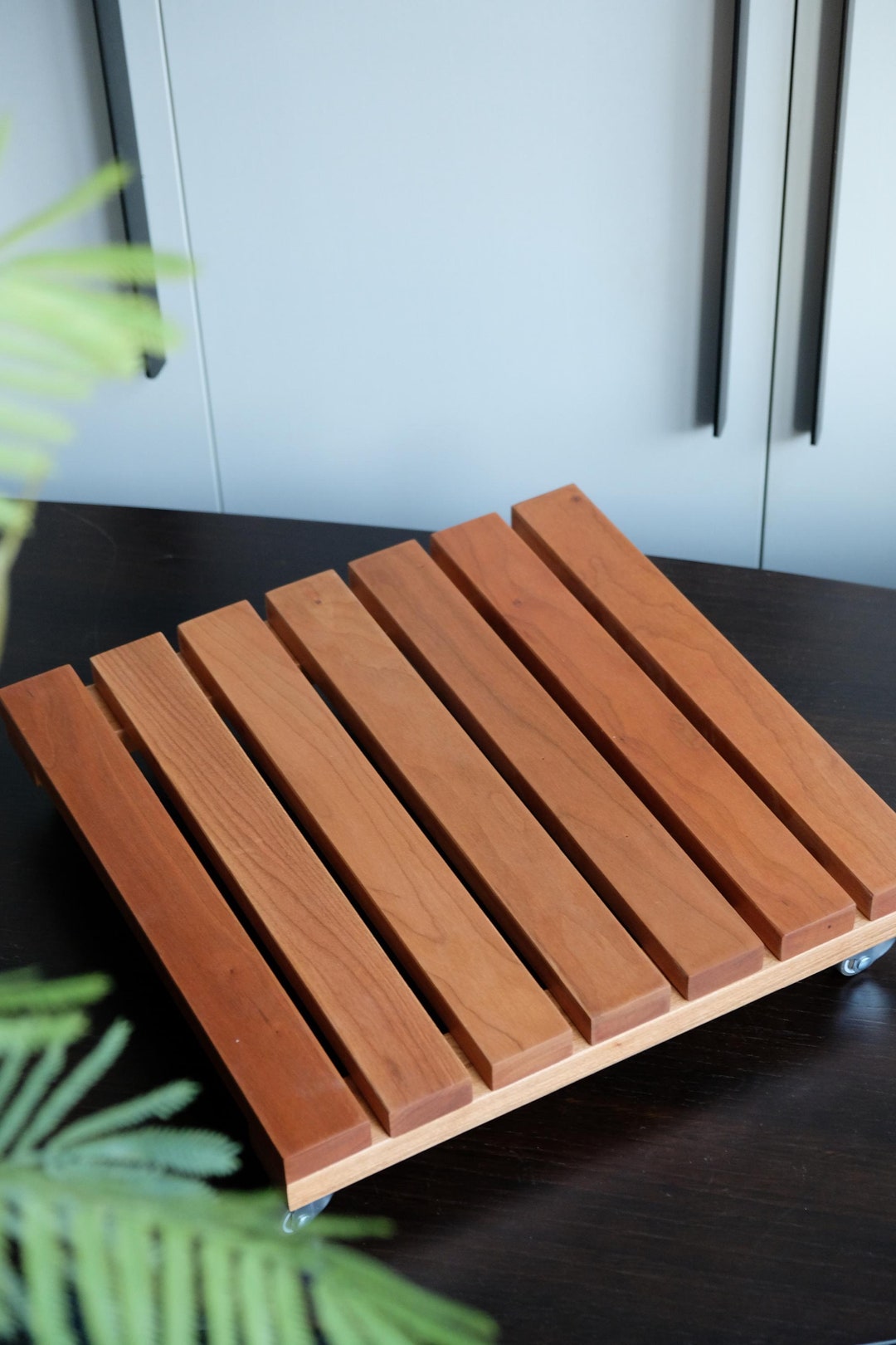 Solid Wood Plant Stand With Wheels | Minimalist Slatted Design - Etsy UK