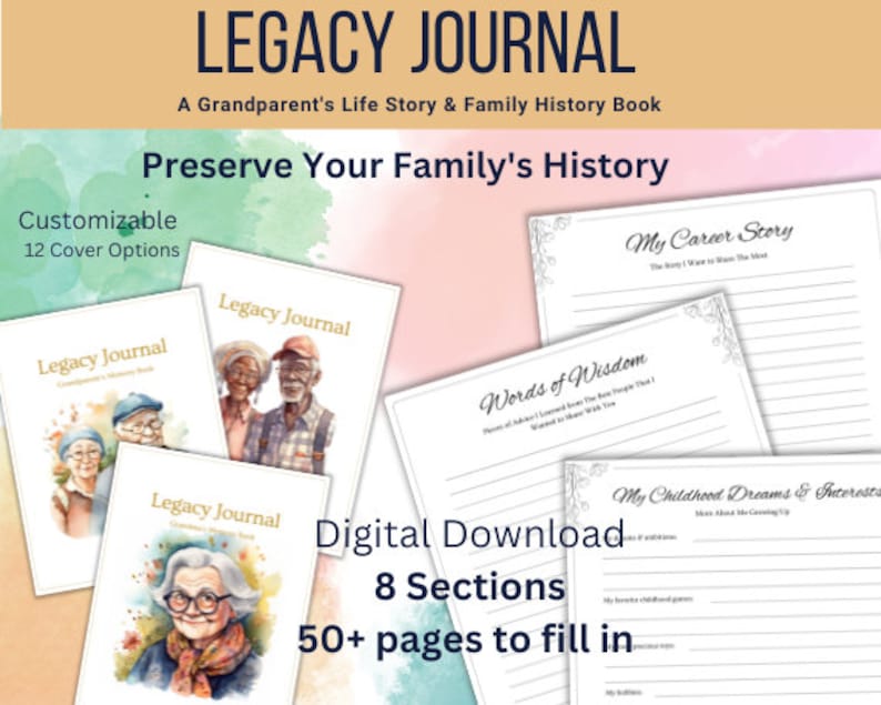 Customizable Legacy Journal Printable 60 Pages Grandparent's Life Story ...