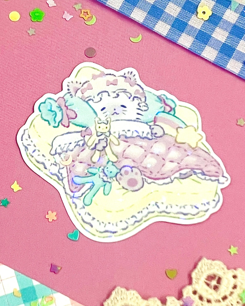 Kawaii Sleeping Cat Sticker: Dreamy Pastel Holographic Decal - Etsy