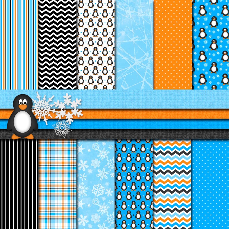 Digital Scrapbook Paper Penguin Paper and Clip Art 12 Patterns | Etsy