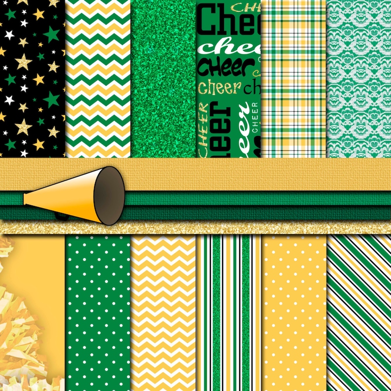 Digital Scrapbook Paper Cheerleading Green and Gold 12 | Etsy