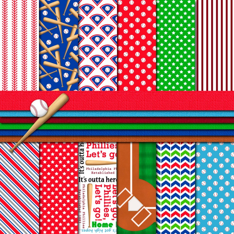 Digital Scrapbook Paper Baseball Paper Phillies Colors Digital | Etsy