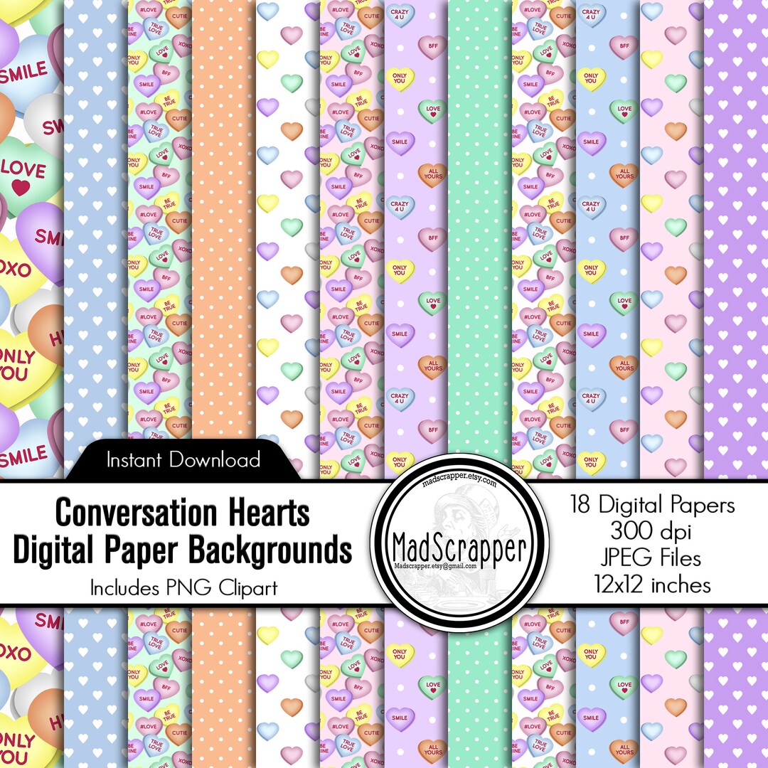Digital Scrapbook Paper and Clip Art Conversation Hearts Valentine's ...