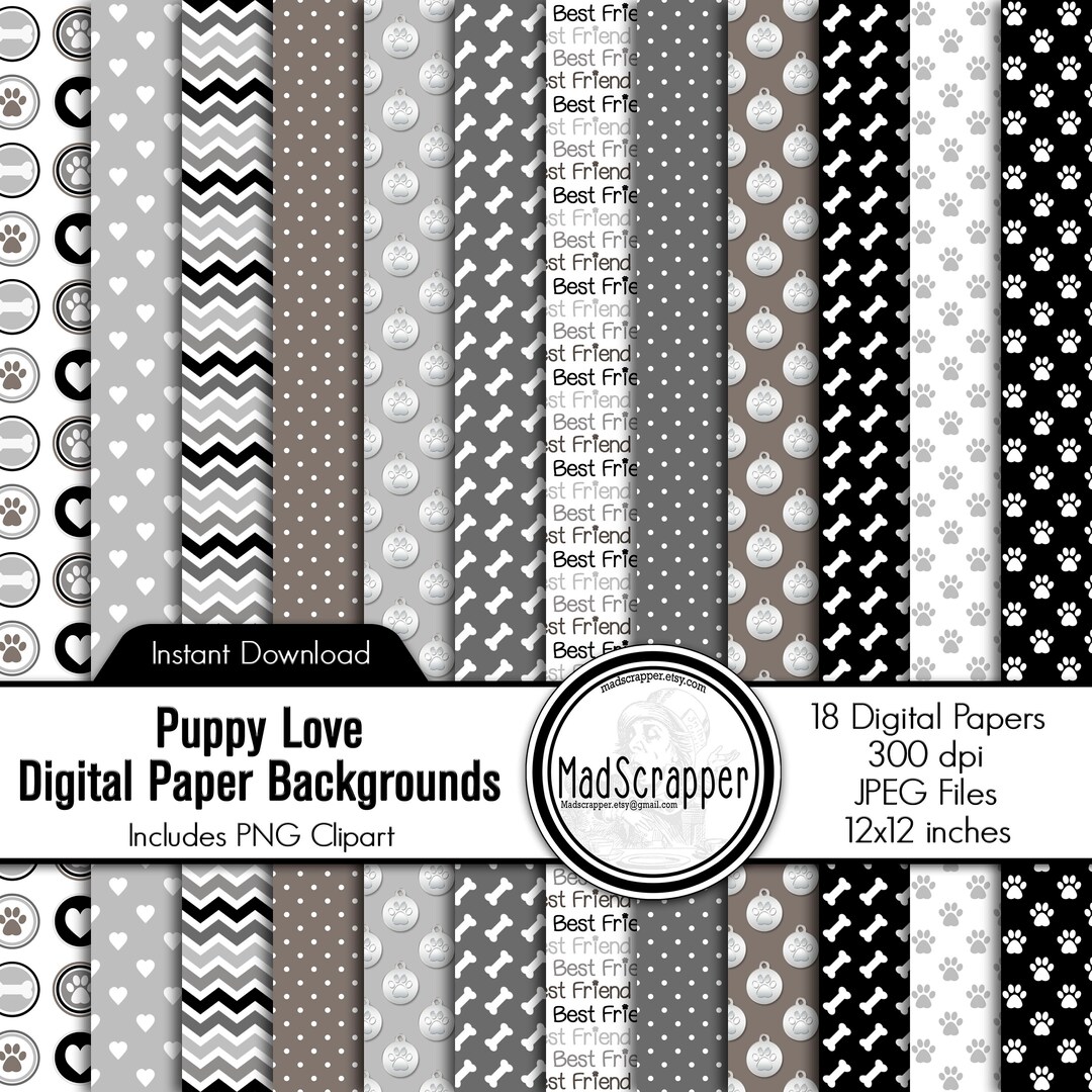 Puppy Love Scrapbook Paper: Digital Dog Paper Backgrounds and Clip Art ...