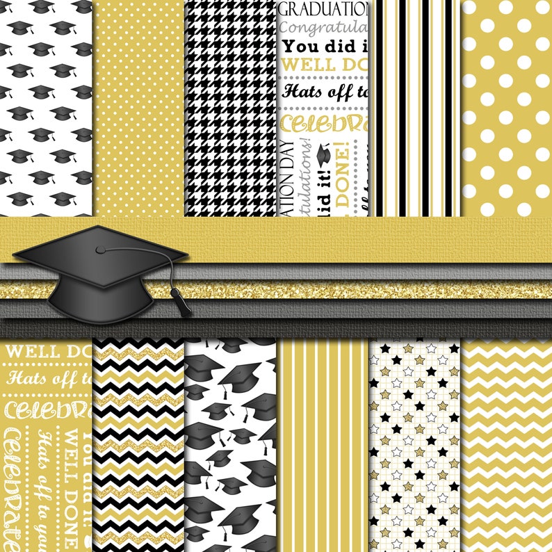 Digital Scrapbook Paper Graduation Day Black White Gold | Etsy