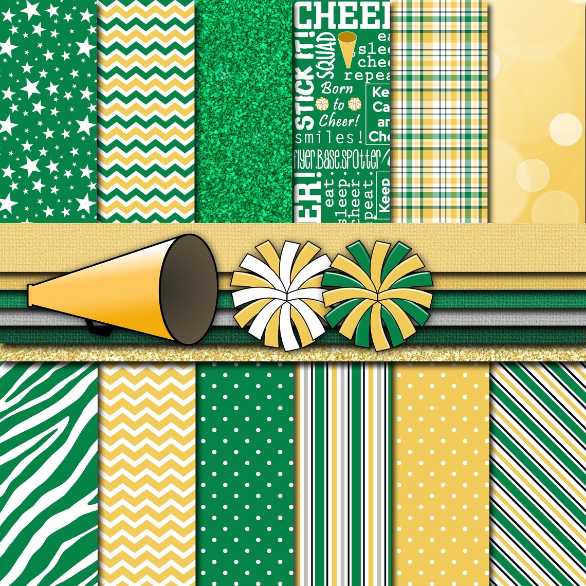 Digital Scrapbook Paper Cheerleading Green and Gold 12 | Etsy