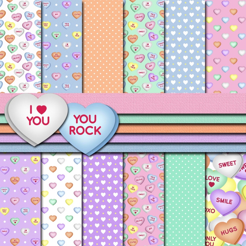 Digital Scrapbook Paper and Clip Art Conversation Hearts | Etsy