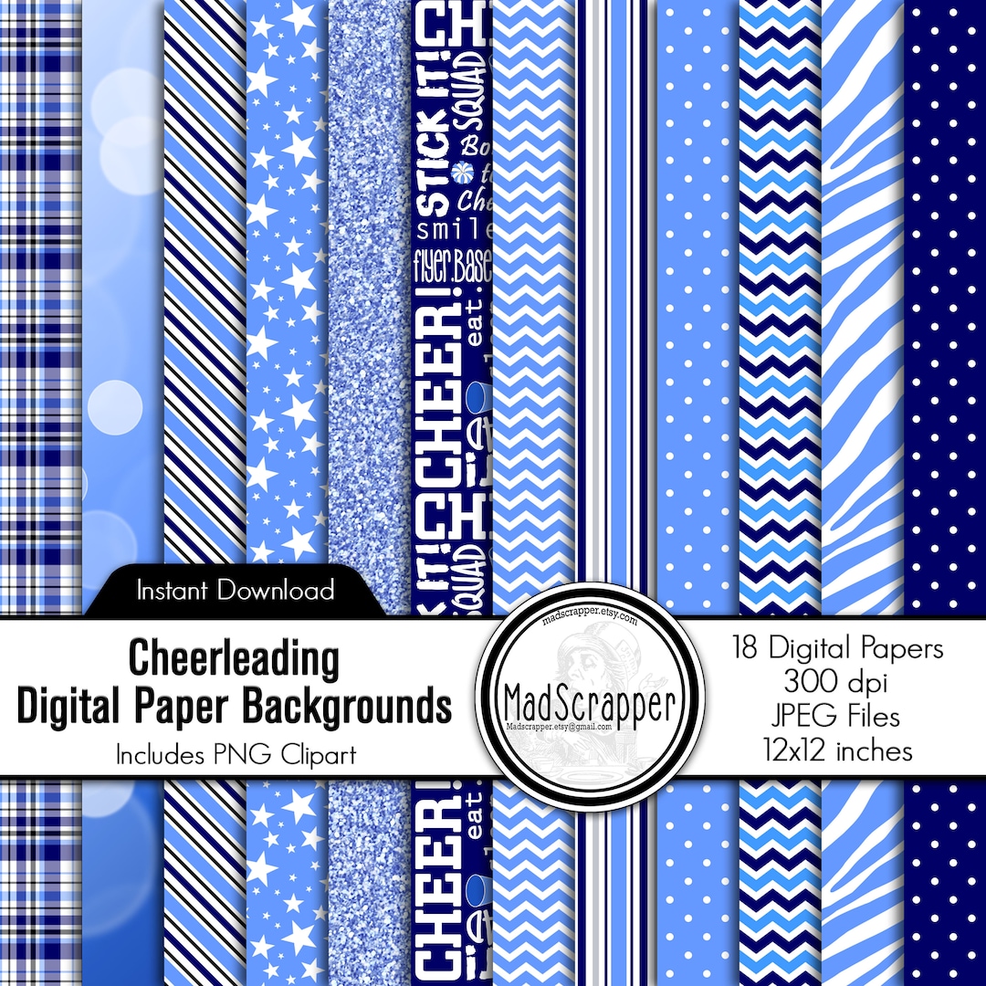 Cheerleading Scrapbook Paper: Blue & Navy Patterns, Clip Art (digital ...