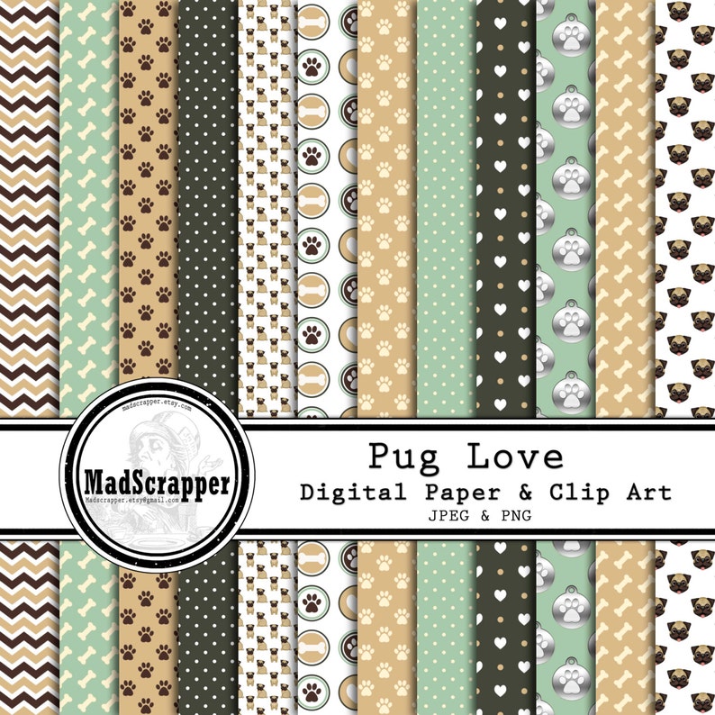 Digital Scrapbook Paper Pug Love Dog Paper Digital Pug Dog | Etsy