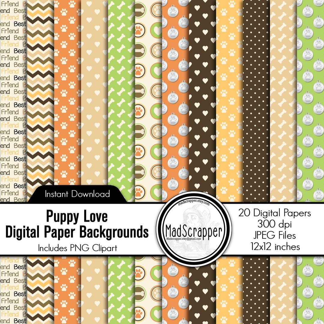 Puppy Love Digital Paper Pack: Dog Paw Prints, Clipart (digital ...