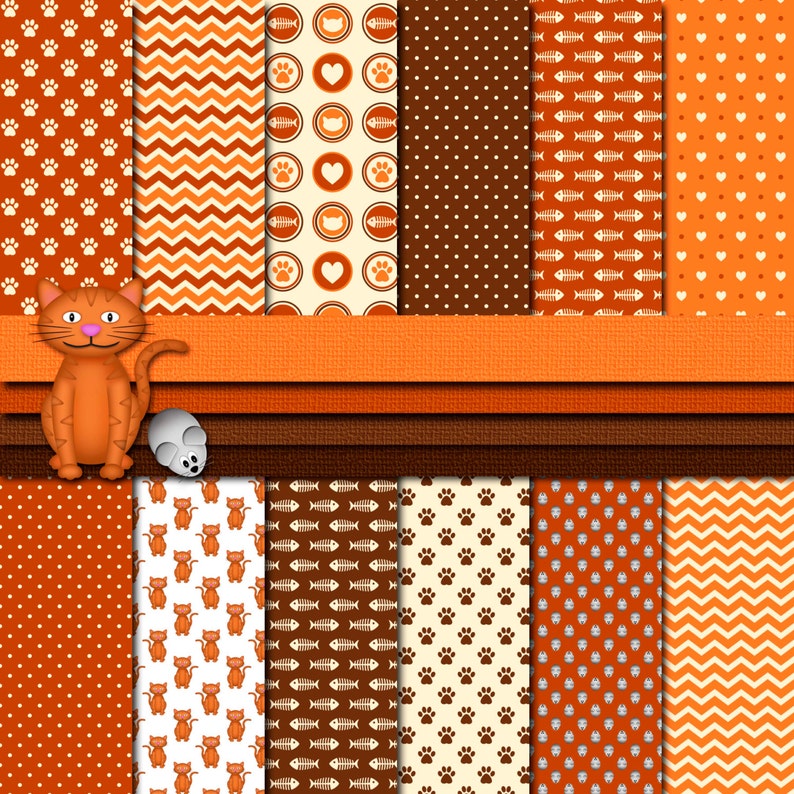Digital Scrapbook Paper Orange Tabby Cat Paper and Clip Art 12 | Etsy