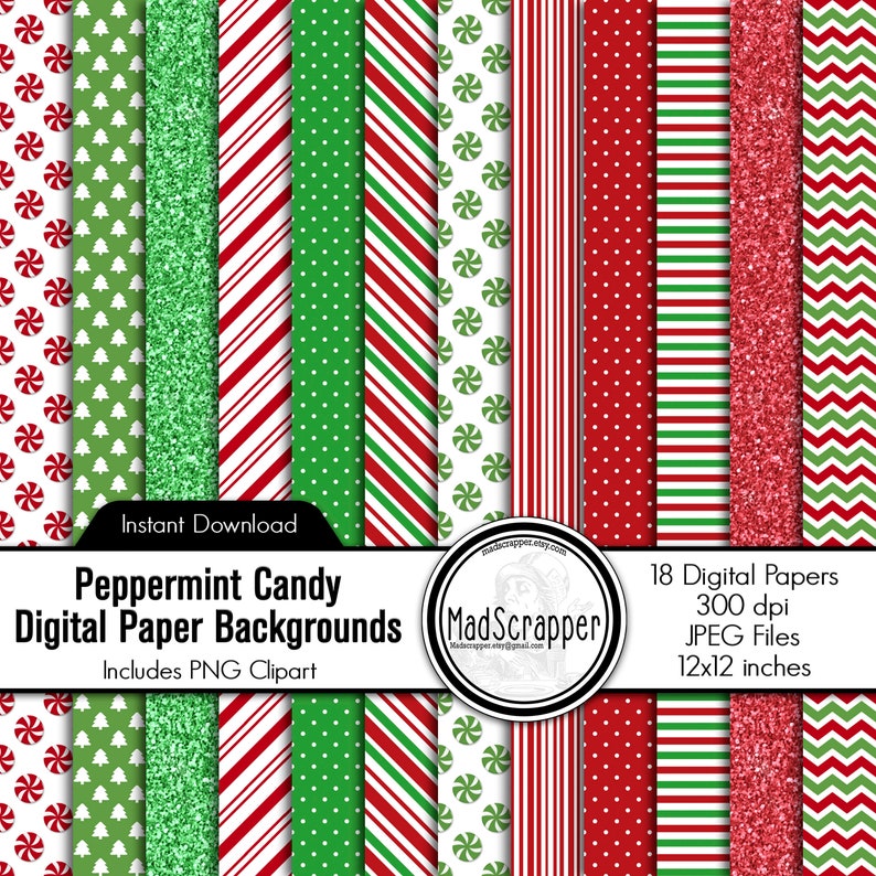 Peppermint Candy Christmas Digital Scrapbook Paper & Clipart (instant ...