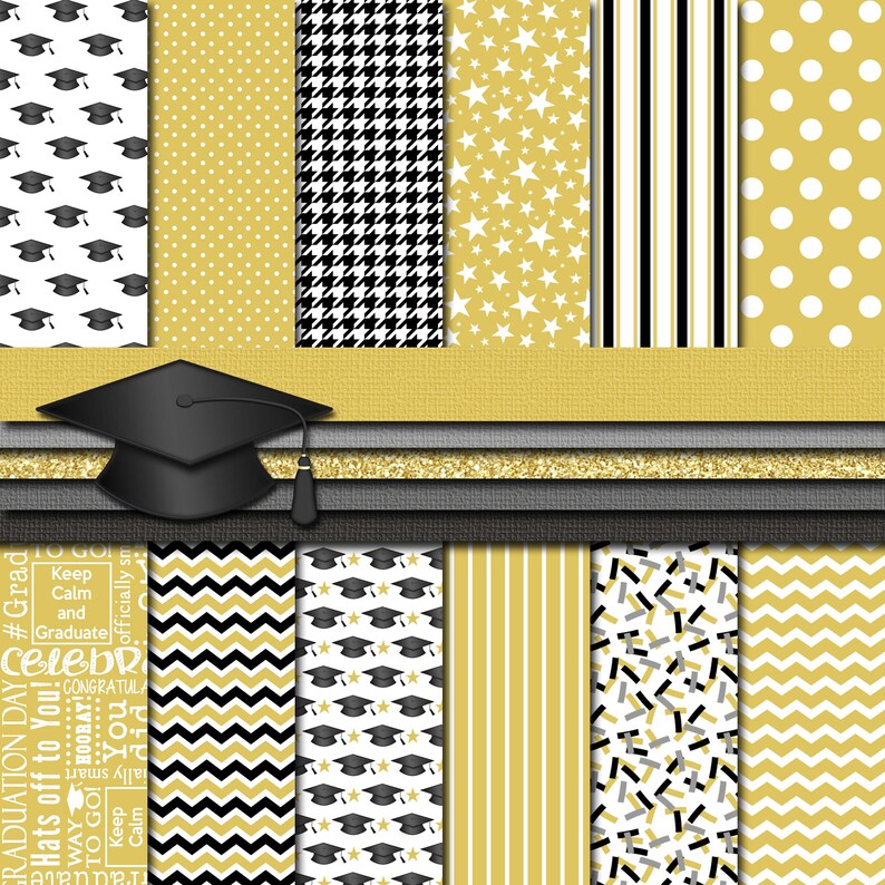 Digital Scrapbook Paper Graduation Day Black White Gold | Etsy