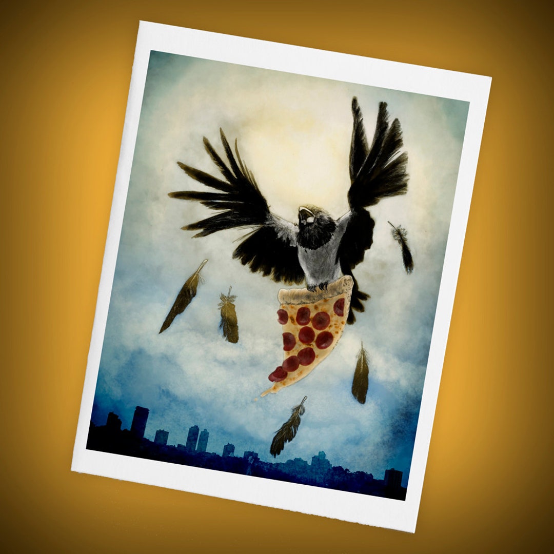 Pied Crow and Pizza Blank Greeting Card | Size A2 | Funny Bird Notecard ...