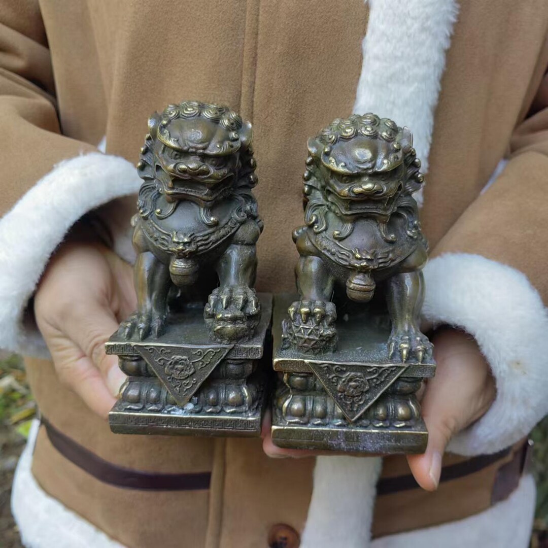 Copper Evil Fu Foo Dog Lion Statue Pair Signed, Asian Antiques Chinese ...