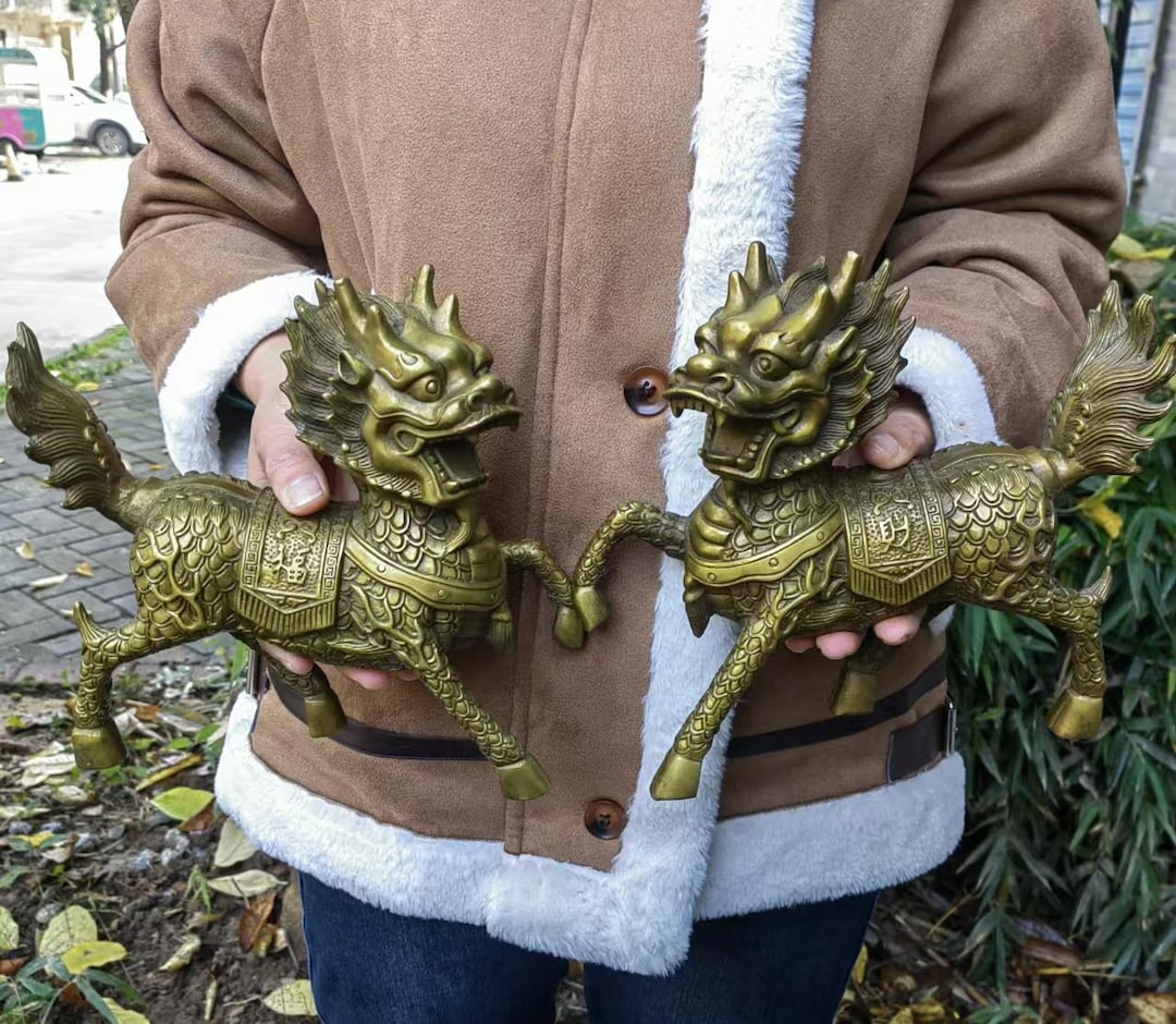 Pair Brozen Feng Shui Chi Lin Qilin Kei Loons Dragon Horse Heavenly ...