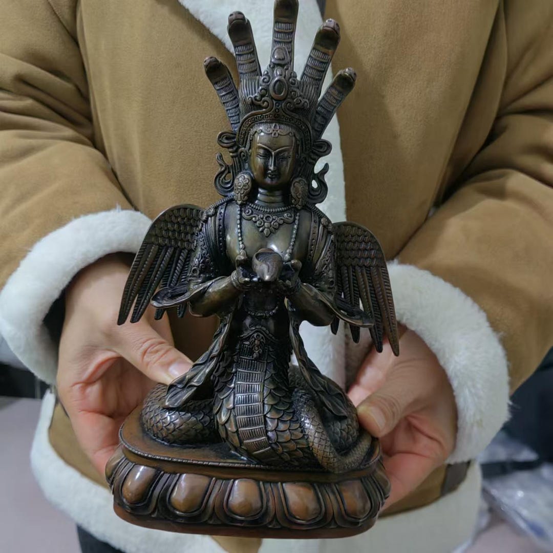 Feng Shui Ancient Bronze Five Snake God Guan Yin Kwan-yin Buddha Statue ...