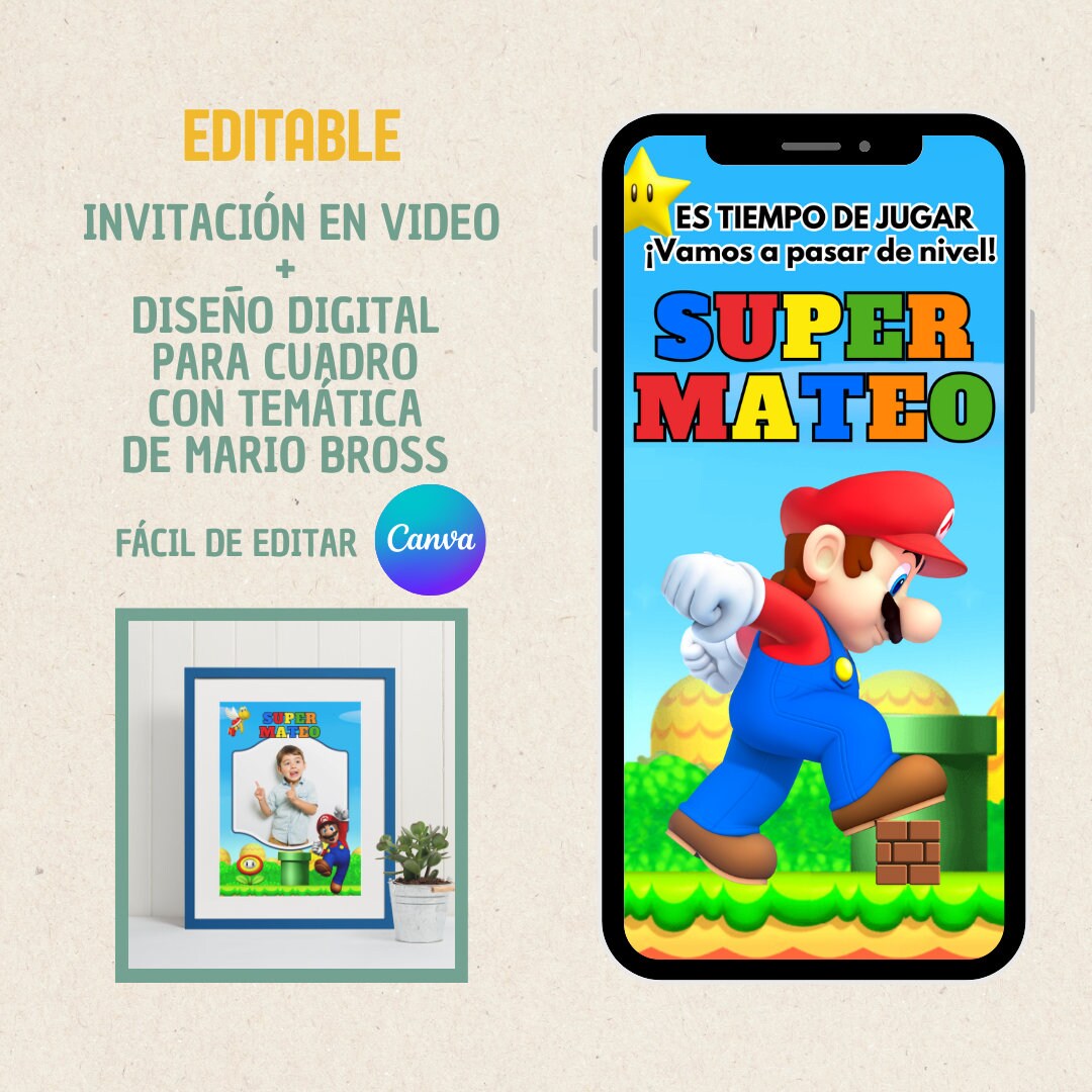 Invitación De Cumpleaños Editable Digital, Super Mario, Editable En ...