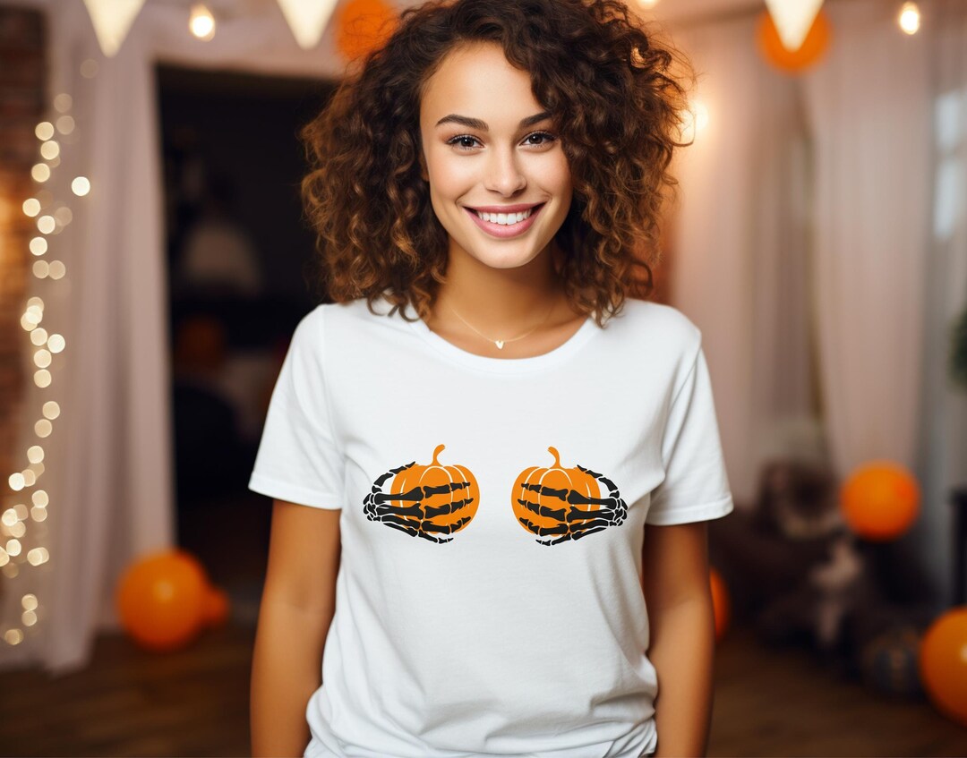 Skeleton Hand Bra Pumpkin Shirt, Halloween Party Shirt, Funny Halloween ...