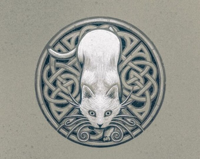 White Cat Pangur Ban Celtic Knotwork Animal Art Print - Etsy