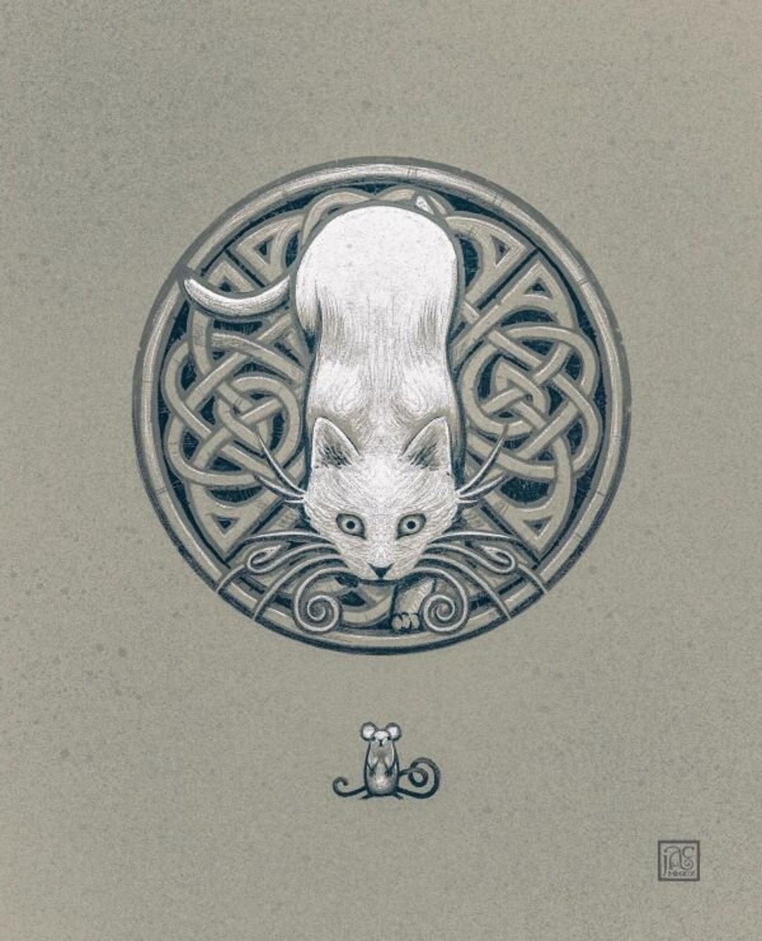 White Cat Pangur Ban Celtic Knotwork Animal Art Print - Etsy