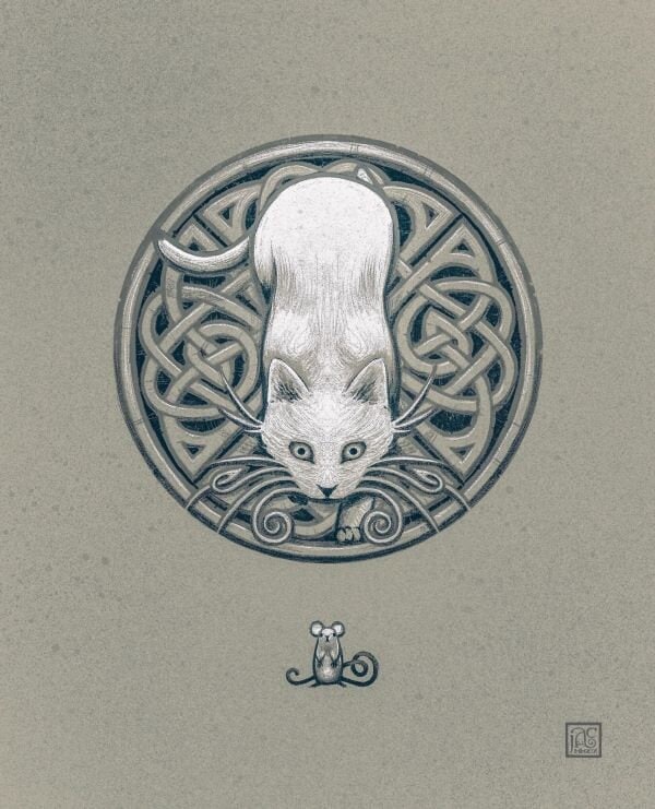 White Cat Pangur Ban Celtic Knotwork Animal Art Print - Etsy