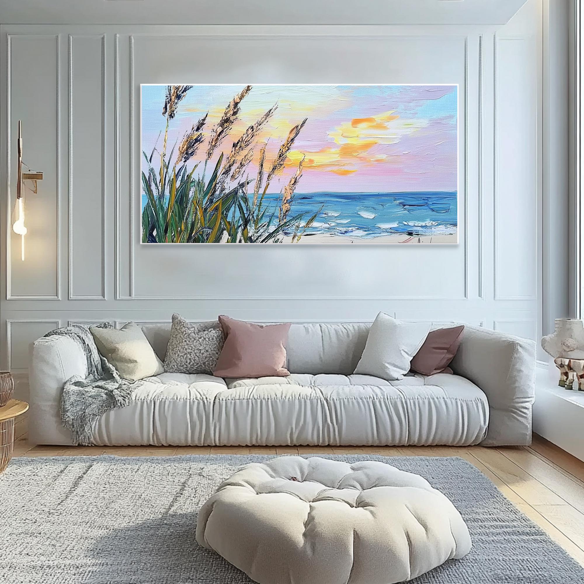 Hand Rice Harvest Landscape Wall Art Oil Painting Blue Ocean Texture ...