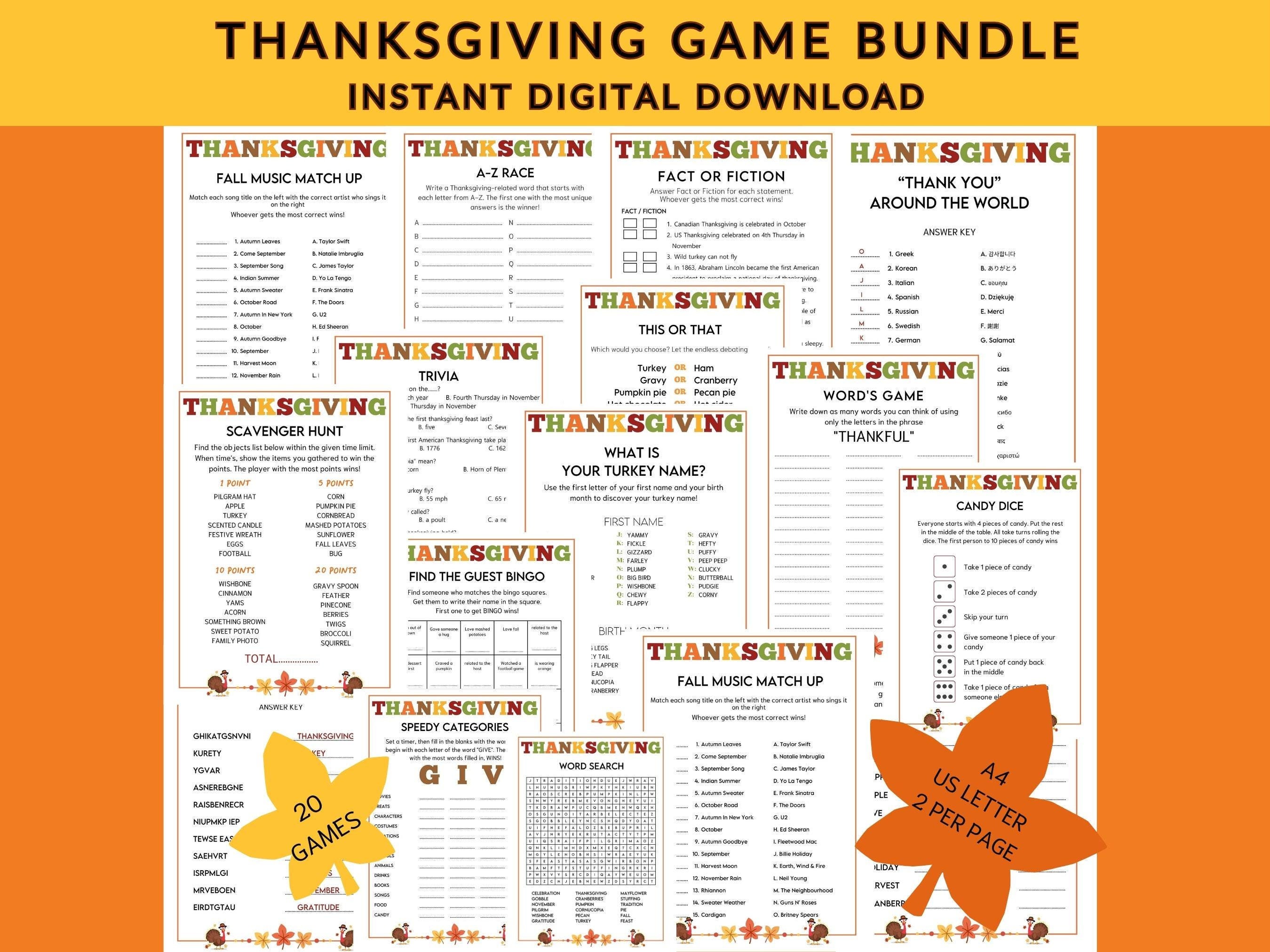 Thanksgiving Printable Party Games, Thanksgiving Game Bundle ...