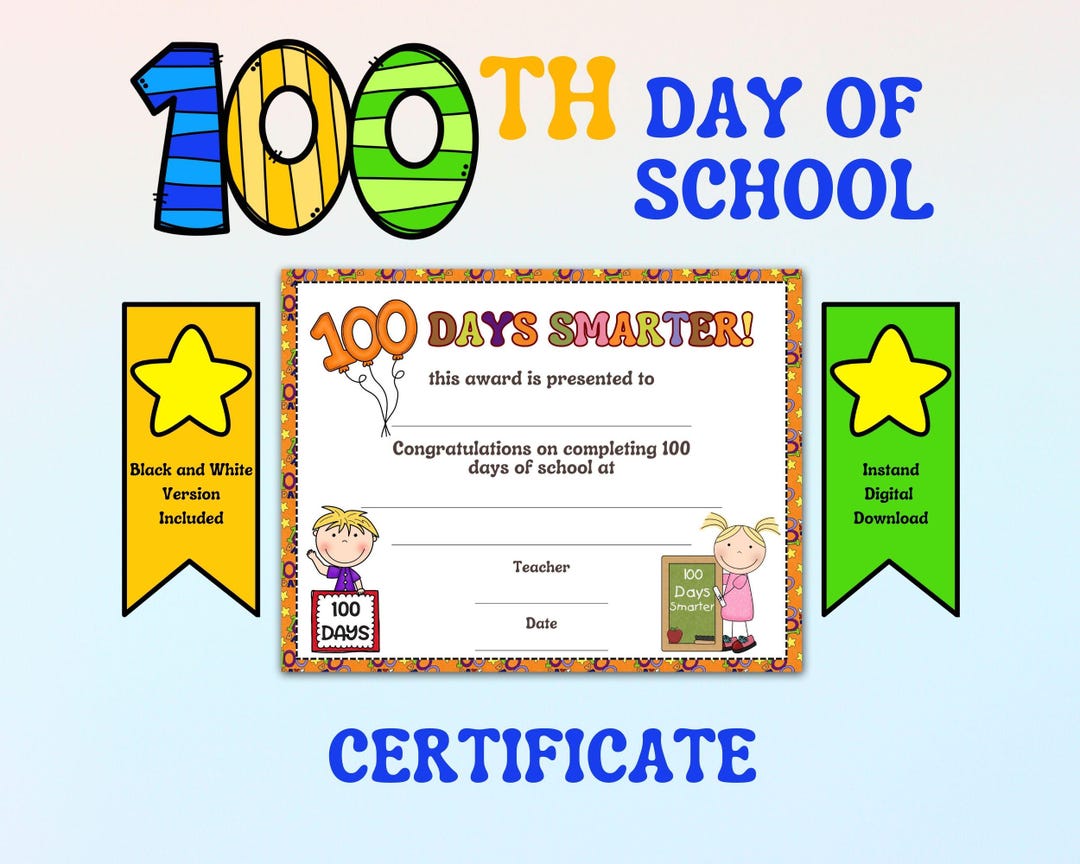 Printable 100th Day of School Certificate, 100 Days Smarter Student ...