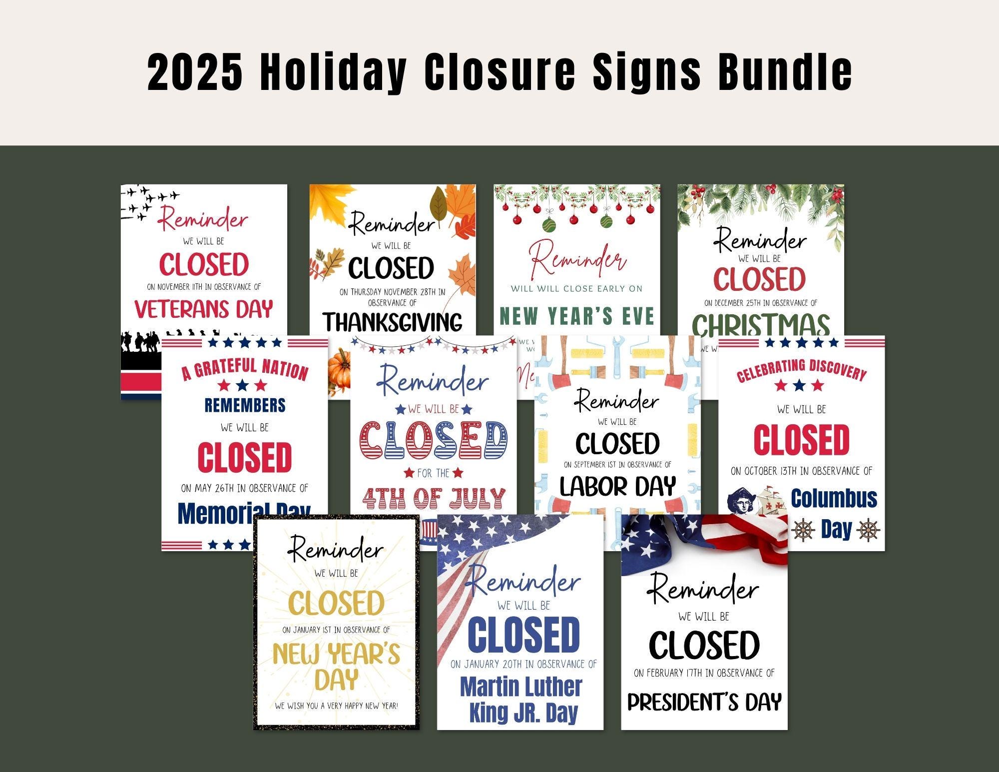 2025 Holiday Closed Sign Bundle, Major Holidays Closed Signs, Retail ...