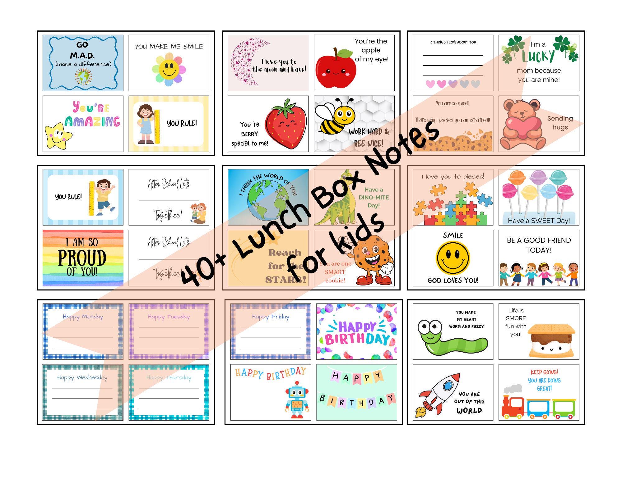 Printable Lunch Box Notes, Cute Lunch Box Notes, Printable Notes for ...
