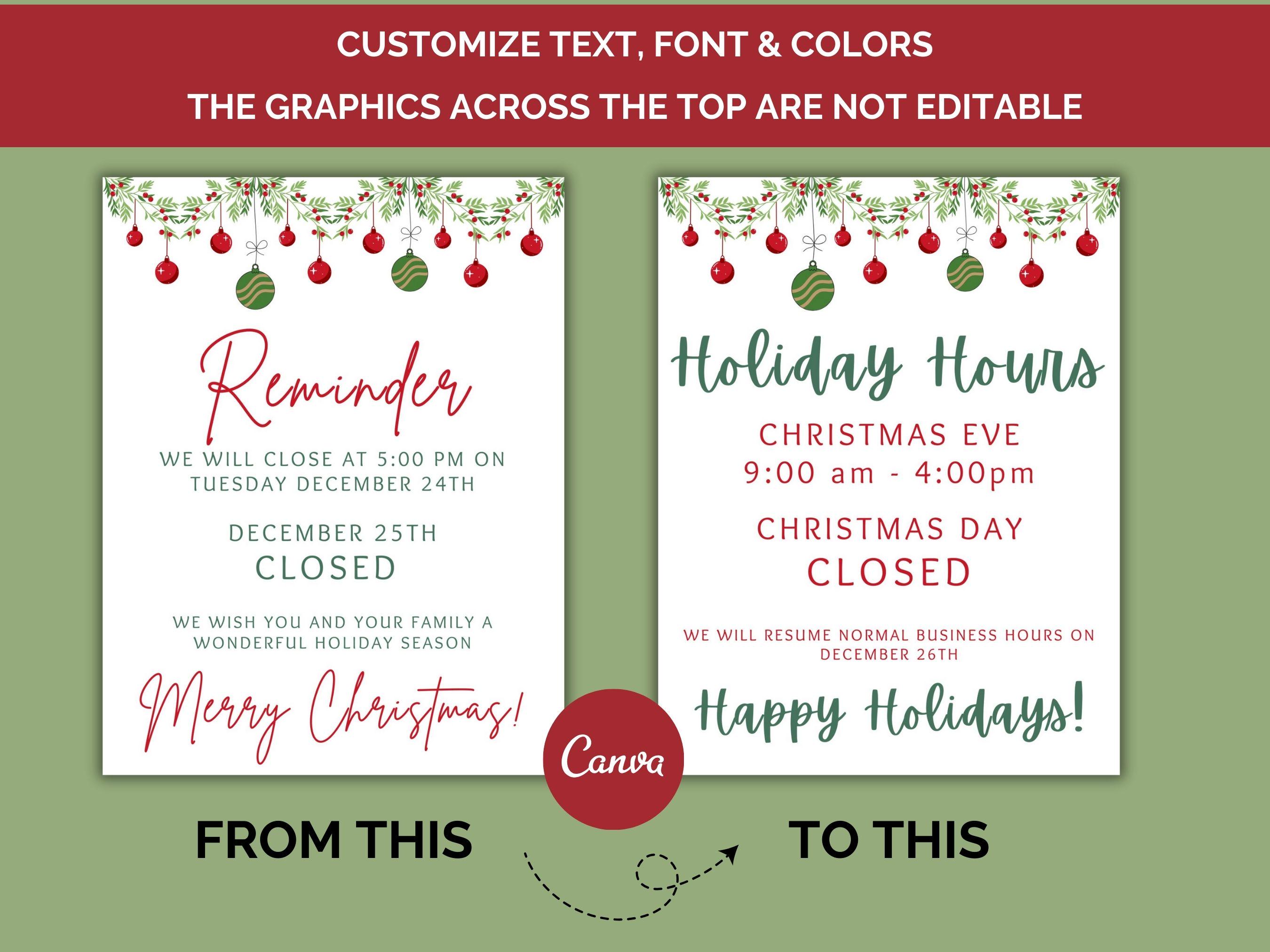 EDITABLE Closed for Christmas Sign, Holiday Hours Sign for Businesses ...