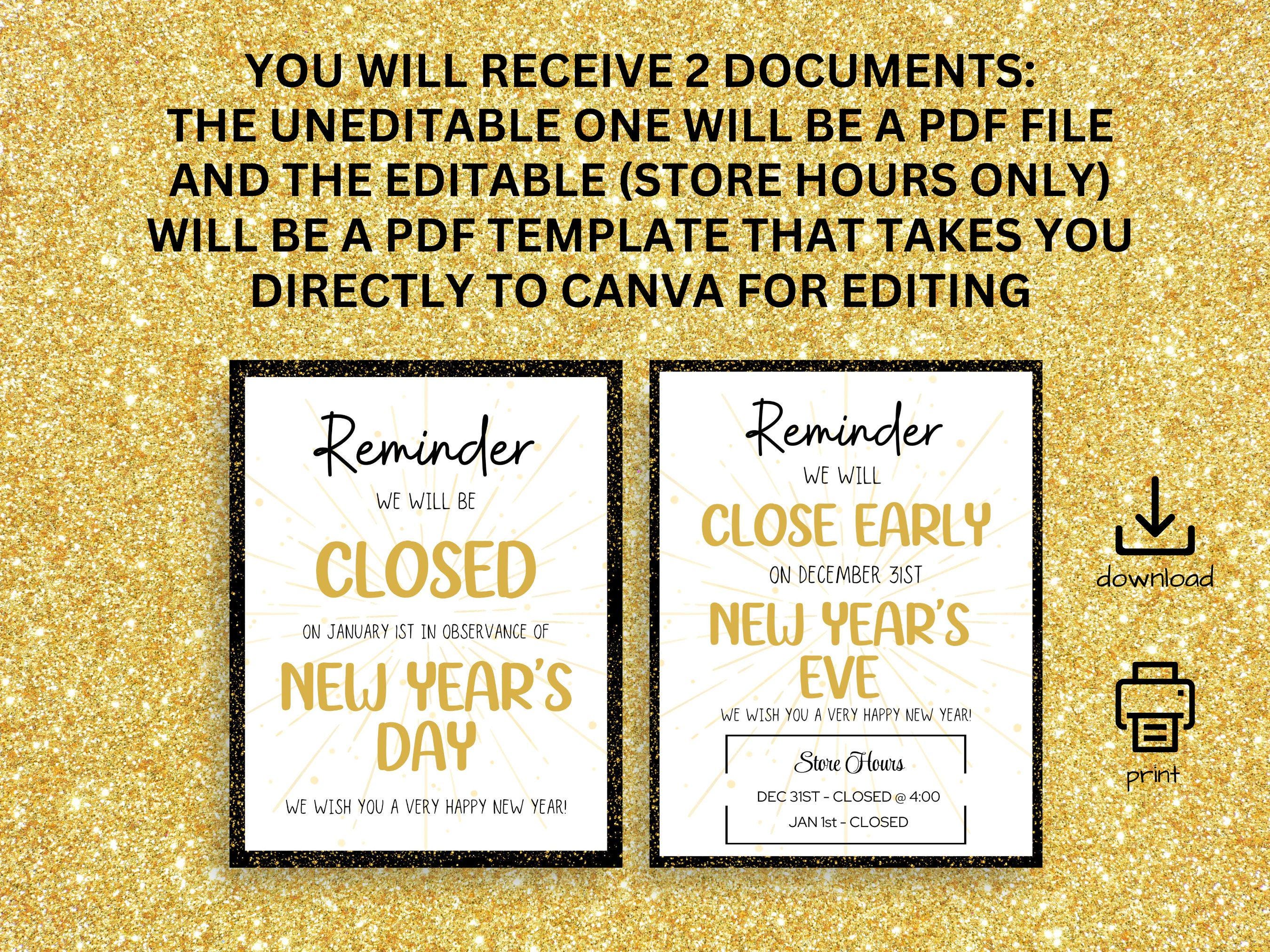 Closed for NEW YEARS Sign, New Year's Eve Early Closure Sign for ...