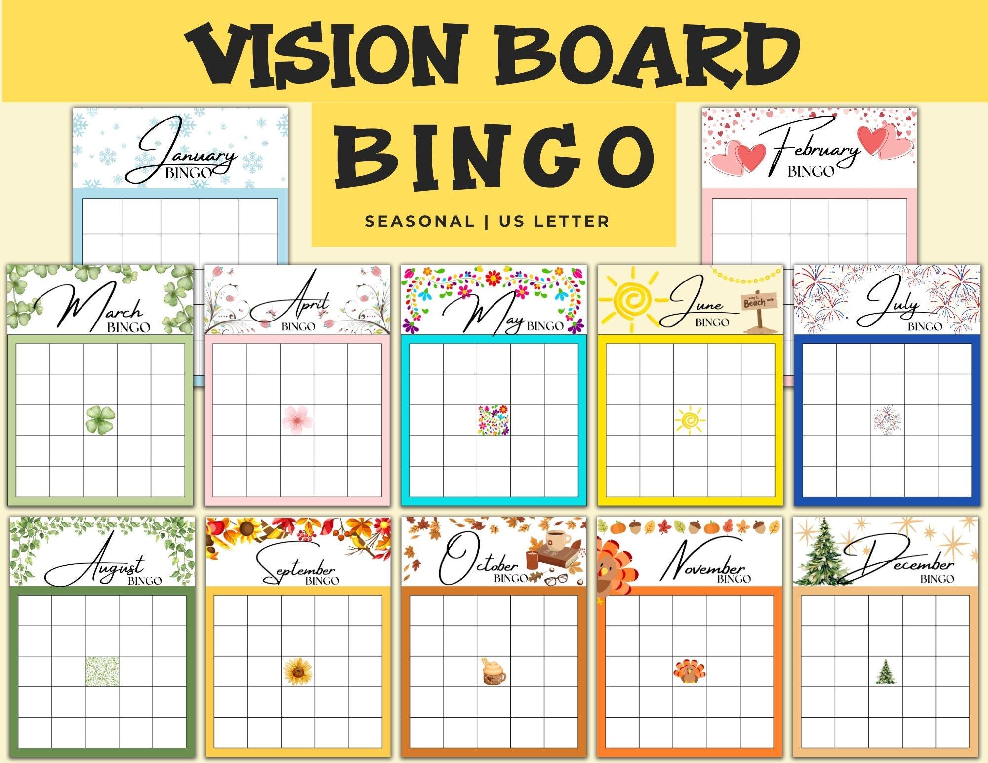 Editable Bingo Vision Board, Seasonal Vision Board Bingo, Vision Board ...