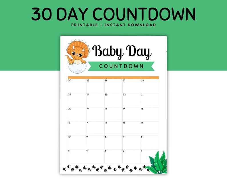 Dinosaur Themed Baby Countdown Calendar, Baby Arrival Countdown Calendar, Printable Countdown ...