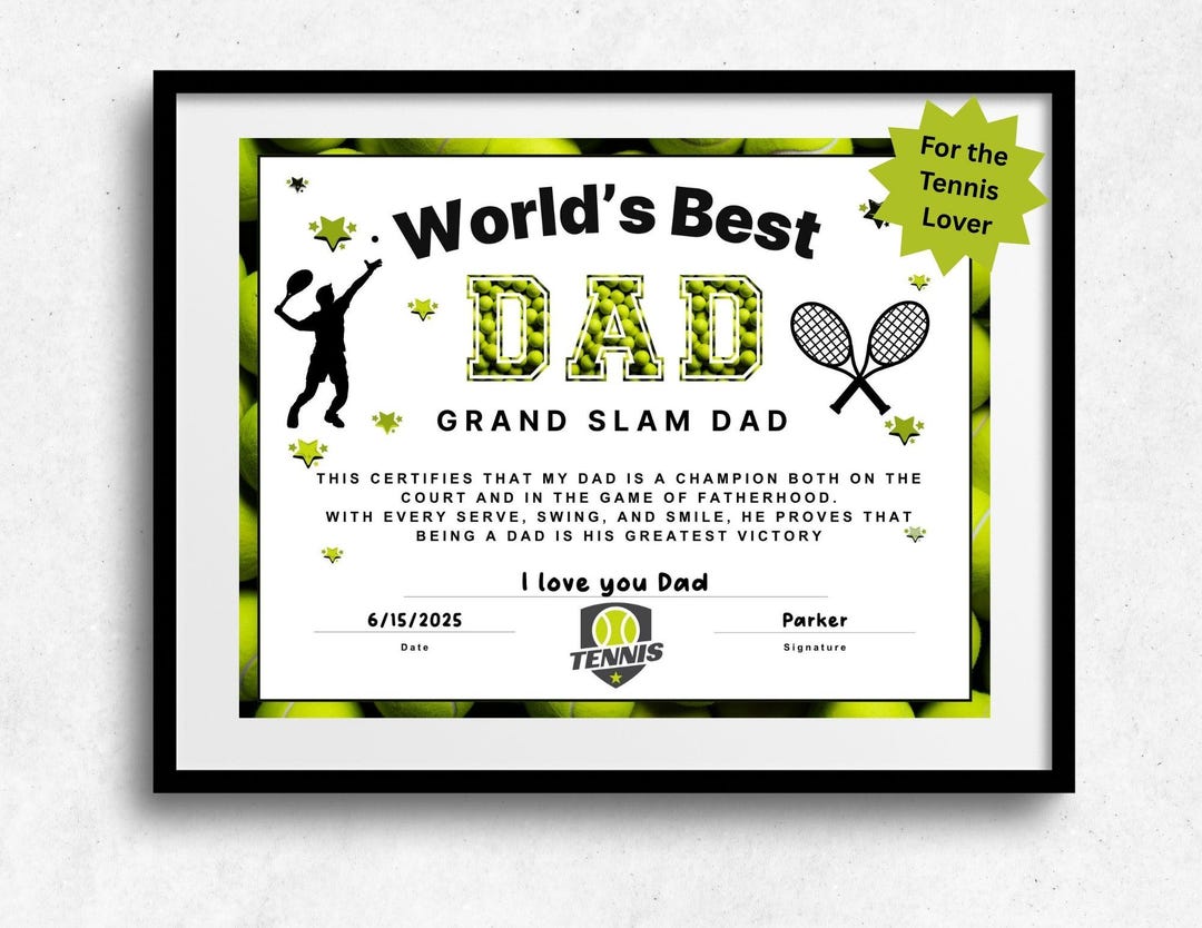 World's Best Dad Certificate for the Tennis Lover, Fathers Day Award ...