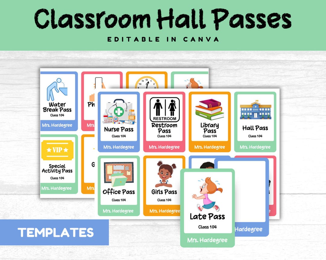 Editable Classroom Hall Passes, Teacher Resource, Canva Templates, Hall ...