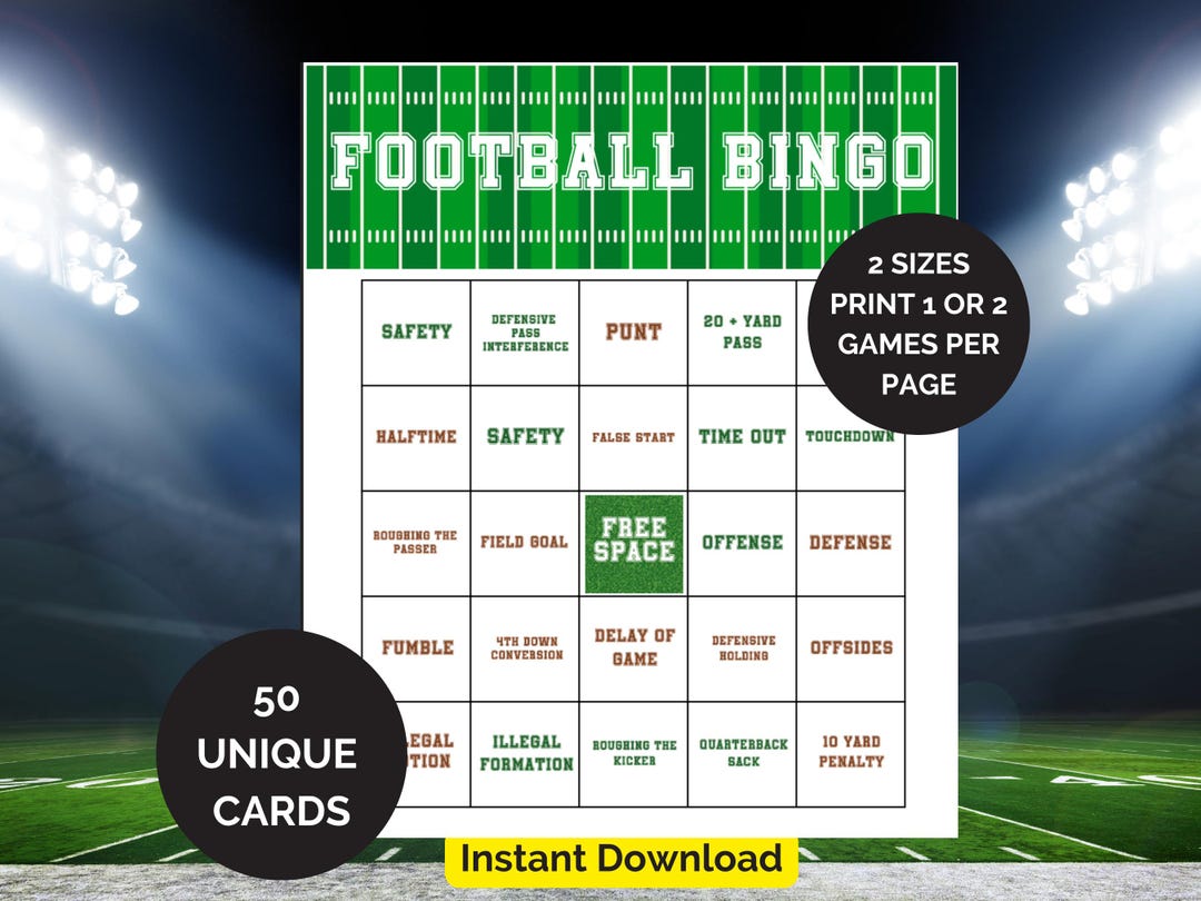 Football Bingo, 50 Printable Football Bingo Card, Game Day Bingo ...