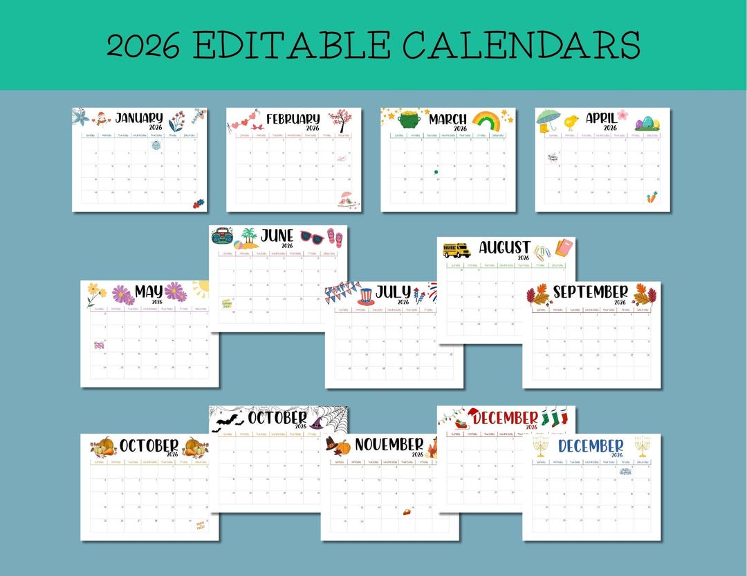 2026 Printable Calendars, Customizable, Editable Monthly Calendar ...