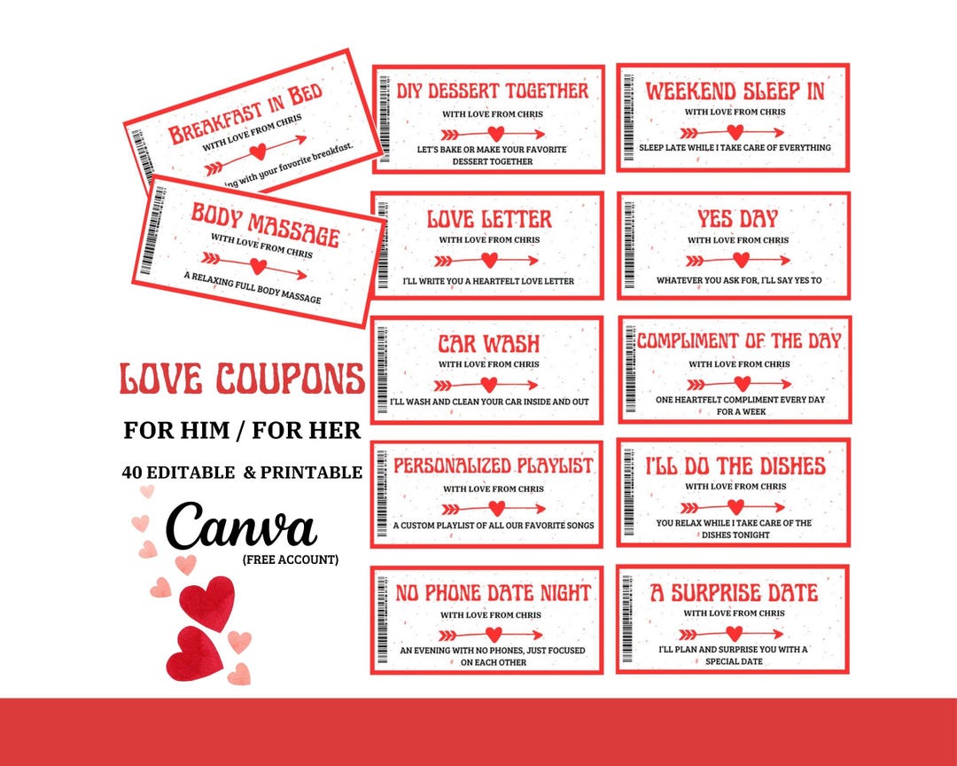 Printable & Customizable Love Coupons for Her for Him, Valentines Day ...