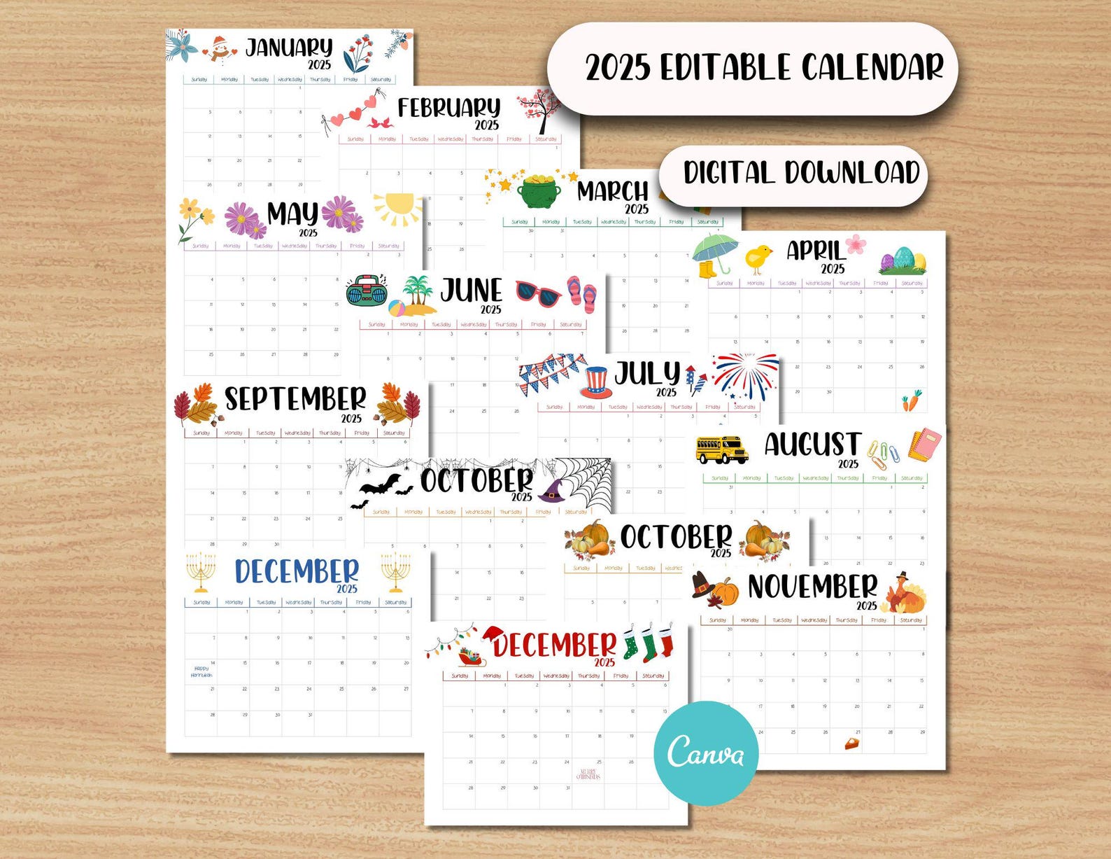 Printable Calendars, 2025 Printable Calendars, Editable 2025 Monthly ...