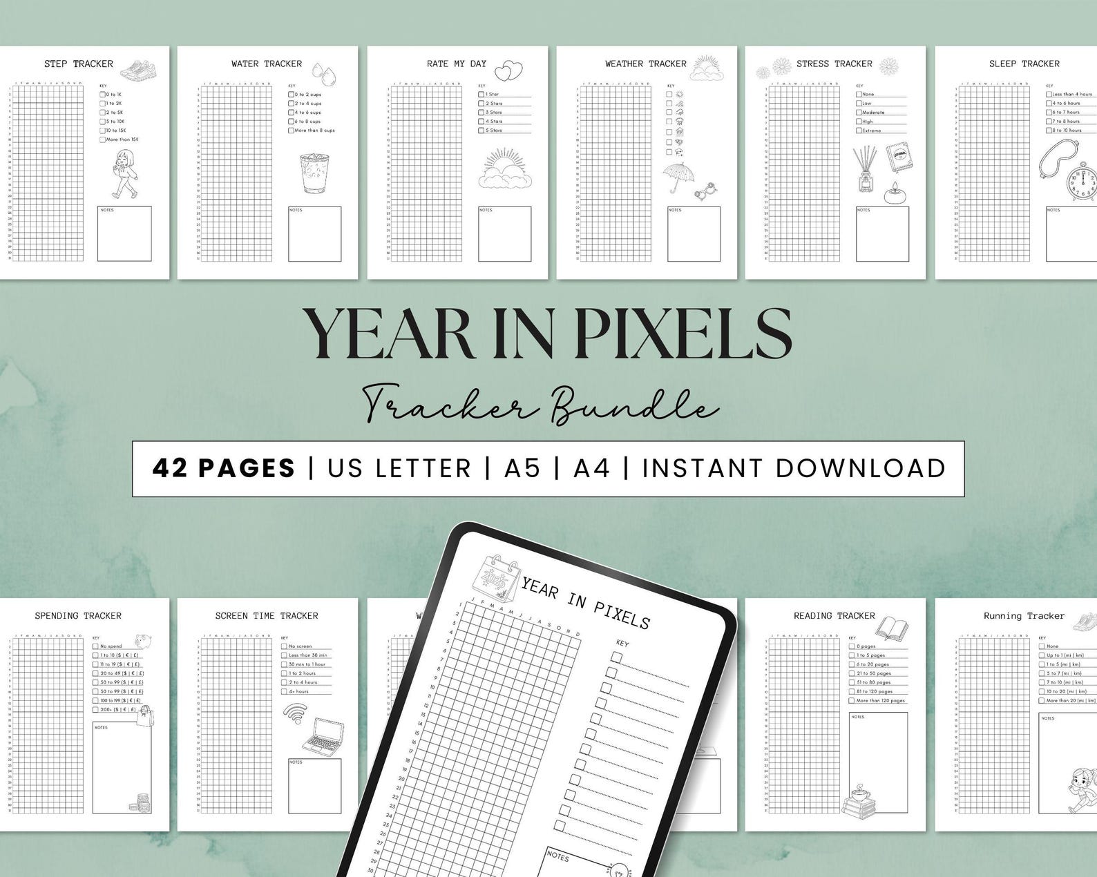 Year in Pixels Tracker Printable Bundle Mood Tracker Daily Habit ...