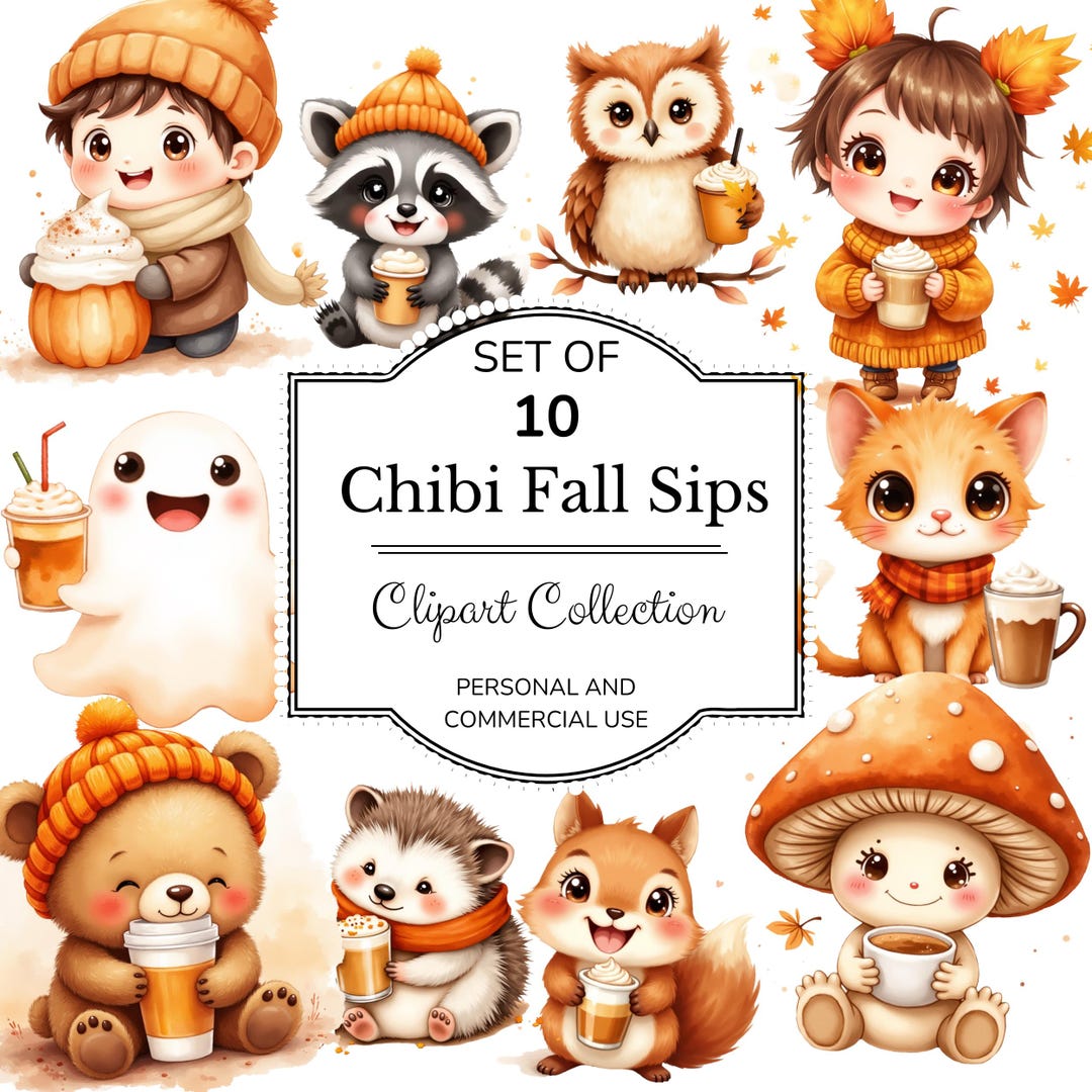 Cute Fall Animal Clipart Collection | Chibi Clipart | Cozy Autumn ...