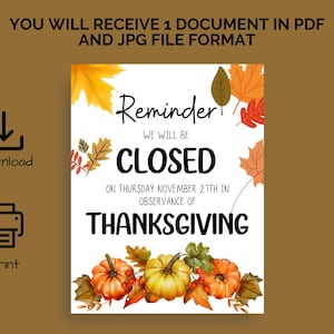 Closed for Thanksgiving Sign, Thanksgiving Day Closed Sign for ...