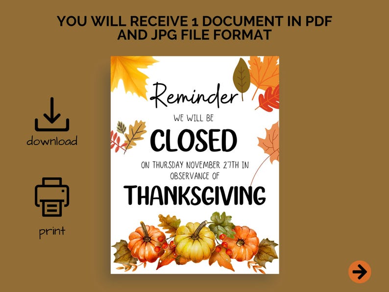 Closed for Thanksgiving Sign, Thanksgiving Day Closed Sign for ...