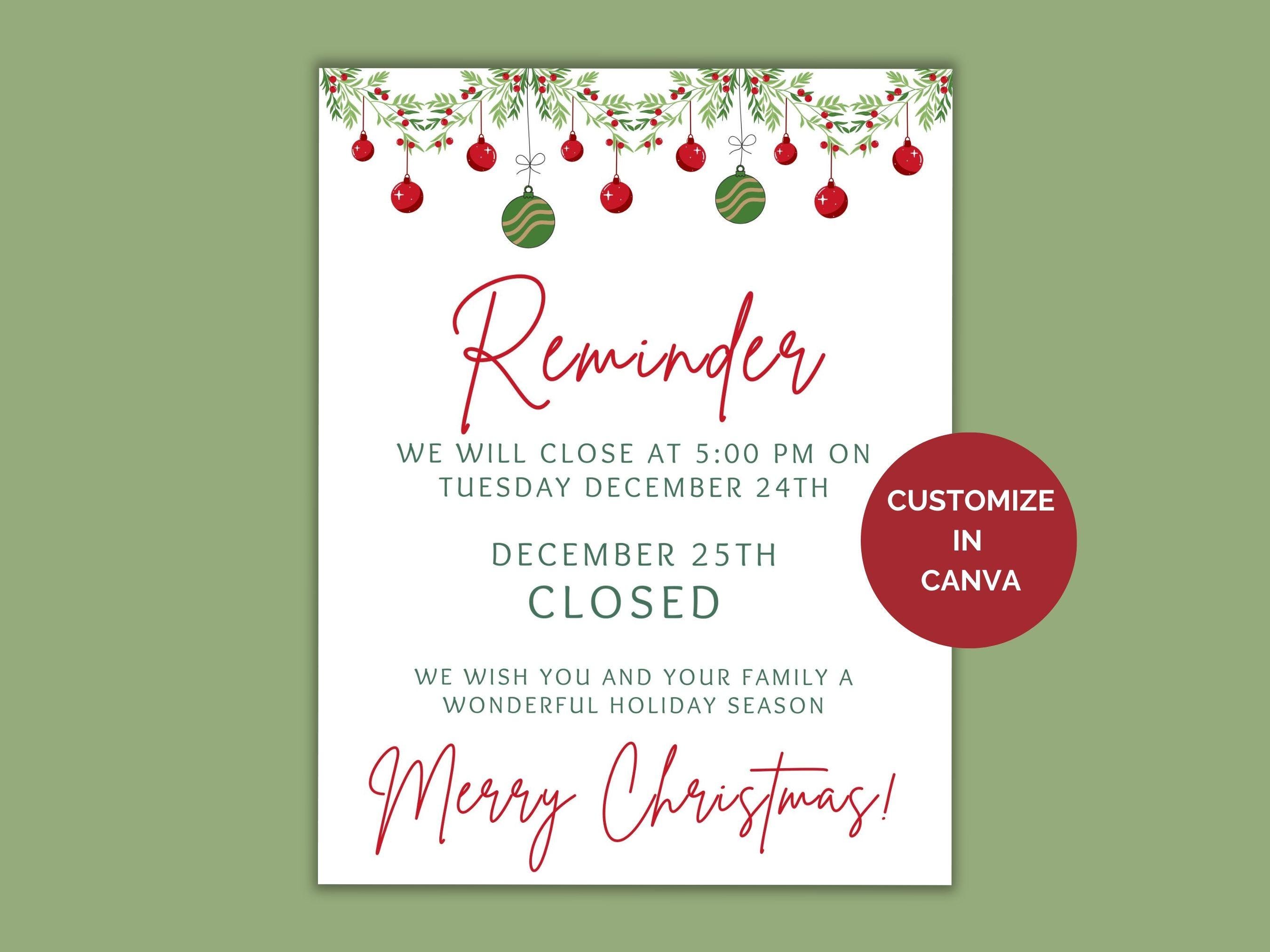 EDITABLE Closed for Christmas Sign, Holiday Hours Sign for Businesses ...